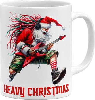 OM3 Heavy Christmas Kaffee-Tasse Lustige Weihnachtstasse f&uuml;r Rocker & Heavy Metal Fans - Weihnachtsmann mit Gitarre - Keramik Becher - 325ml - Beidseitig 