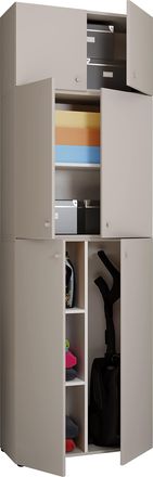 VCM Holz Besenschrank | 6 Fächer | Maße: H. 223 x B. 70 x T. 39 cm | Haushaltsschrank | Mehrzweckschrank | Aufsatz mit Zwei Türen - Lona