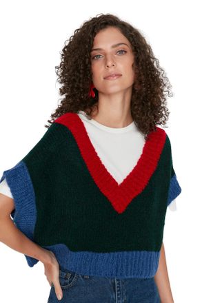 Trendyol Damen V-neck Colorblock Regular Vest Sweater, Grün, L EU