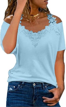Minetom Damen Top mit Spitzen Elegant Shirts V-Ausschnitt Spitzenshirt Oberteile Tops A Blau XL