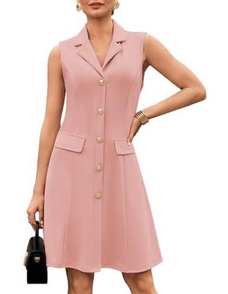 Grace Karin Robe d&eacute;t&eacute; &eacute;l&eacute;gante pour femme - Sans manches - Col &agrave; revers - Taille haute - Ligne A - Longueur genou - Robe d&eacute;contract&eacute;e, rose clair, XXL
