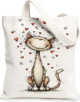 Generic Sac fourre-tout en toile motif chat mignon, adorable motif coeur, sacs d&eacute;picerie r&eacute;utilisables, vintage, l&eacute;gers et lavables avec bandouli&egrave;re, blanc, 1
