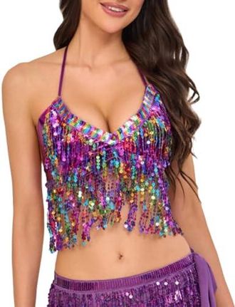 Generic Haut &agrave; paillettes pour femme avec franges, dos nu, soutien-gorge pour festival, danse du ventre, costume