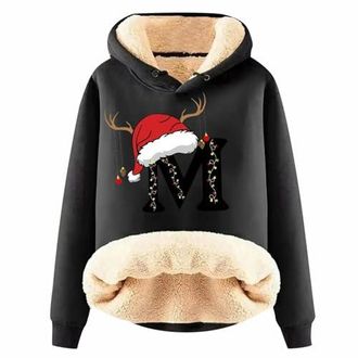 Generic Sweat &agrave; capuche en laine pour femme avec lettres de No&euml;l imprim&eacute;es dans le dos en laine chaude pour lhiver 2026, Noir, 4XL