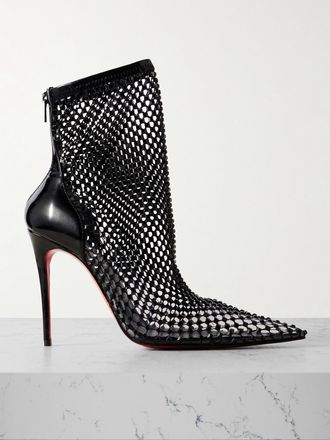 Christian Louboutin Bottines En Cuir Verni Et En Résille À Cristaux Kate Max 100 - Noir