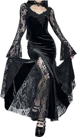 Generic Robe Gothique Femme Dentelle- Robe Sexy Manche Longue Creuse Coupe Slim Ourlet Fluide Style Vintage Steampunk Renaissance Chic M&eacute;di&eacute;vale Victorienne C