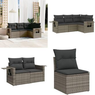 vidaXL 4-tlg. Garten-Sofagarnitur mit Kissen Grau Poly Rattan - Gartensorte - Gartenm&ouml;belset - Lounge M&ouml;bel - Outdoor M&ouml;bel - Rattan Gartenm&ouml;bel - Home &