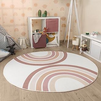 Paco Home Tapis Rond Chambre Enfant Bebe Fille Garcon Arc-en-Ciel Lavable en Machine Moderne, Dimension:100 cm Rond, Couleur:Pink