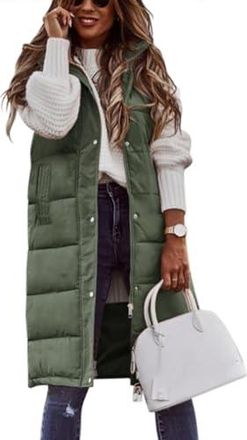 Onsoyours Gilet Femme Chaud Doudoune sans Manche Veste Longue Hiver Manteau Zippé avec Capuche Parka Blouson avec Poches D Armée Verte XL