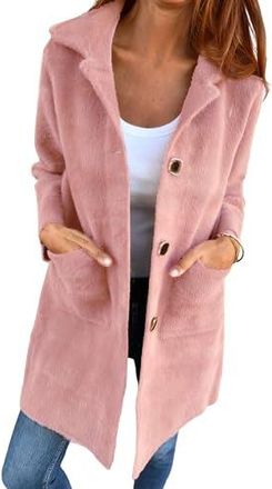 Generic Long Trench Coats for Women Fashion Winter Double Sided Fleece Trench Coat Notch Lapel Mid Long Peacoat Outwear Pink X Large