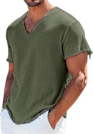 Generic T-shirts pour hommes col en V blanc, chemise en lin &agrave; manches courtes pour homme T-shirt &agrave; manches longues Hem ray&eacute;, chemise en lin pour les loisirs, 