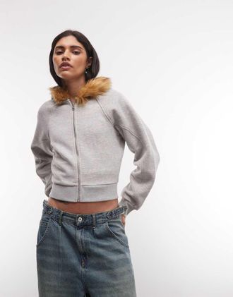 Collusion Kapuzenpullover mit faux-fur-Besatz und Rei&szlig;verschluss in Grey Marl-Grau