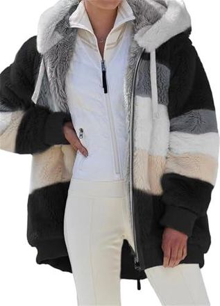 Generic Manteau matelassé en laine dagneau contrastée pour femme - Automne et hiver - Chaud - Patchwork - Poche zippée - Manteau ample à capuche, Noir, S