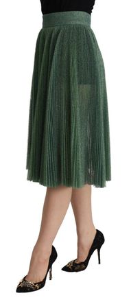 Dolce & Gabbana Womens Metallic Green High Waist A-Line Pleated Skirt Polyester Cotton