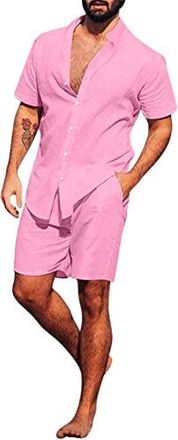 QWUVEDS Costume 98 pour homme, col rabattu, chemise, pantalon, ensemble &agrave; manches courtes, imprim&eacute; hawa&iuml;en, mode, d&eacute;contract&eacute;, chemise d&eacute;t&eacute;, short costume, va