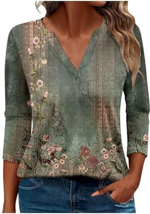 Generic Tunique Femme Chic Et éLéGant- Haut Imprimés,Tee Shirt Femme Col V Manches 3/4 éTé Coupe Ajustée Chemises Printemps Grande Taille Top Casual Confortab