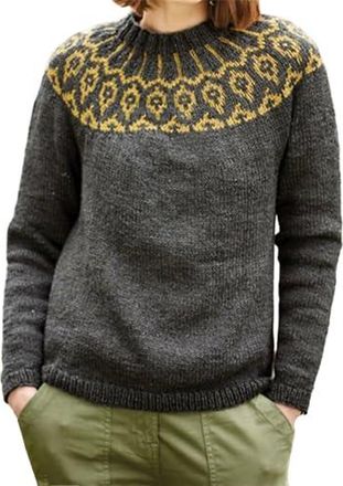 Generic Pull Norvégien pour Femme Hiver Chaud Chic Et Élégant Pull Over Tricoté Col Rond À Manches Longues Sweatshirts Motif Jacquard Hauts Oversize Elástique