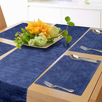Abakuhaus Navy blau Tischläufer & 4 Stück Tischsets, Antiker Damask Viktorianischer Verzierung Blumen Inspiriertes Muster, Tischdeko-Set, 180 x 40 cm, Blau