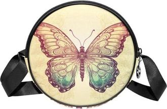 Generic Sac &agrave; bandouli&egrave;re rond pour femme, motif papillon vintage, petit sac &agrave; bandouli&egrave;re avec fermeture &eacute;clair, bretelles r&eacute;glables, sac &agrave; main rond d&eacute;contr