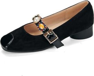 Generic Femmes Chic Bout Carré Mary Jane Flats Cheville Sangle avec Gem Boucle Décor Talons Bas Bloc Chaussures De Bureau Décontractées Élégantes,Noir,42.5 EU