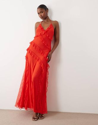 Forever New Robe longue dos nu en dentelle &agrave; volants - Rouge