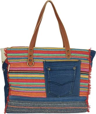 Sunsa Damen Handtasche. Nachhaltige XXL Schultertasche aus recycelte Jeans Baumwolle & Leder. Weekender/Sporttasche in Vintage Retro Stil. Gro&szlig;e Shopper als