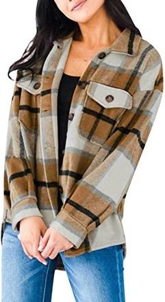 Generic 2026 Vestes pour femmes Mode V&ecirc;tements dext&eacute;rieur &agrave; carreaux &agrave; manches longues et revers Bouton Veste Trench Coat, kaki, XL