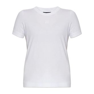 Dolce & Gabbana Femme, Tops, Blanc, Taille: 36 FR T-shirt en jersey avec dentelle et broderie DG