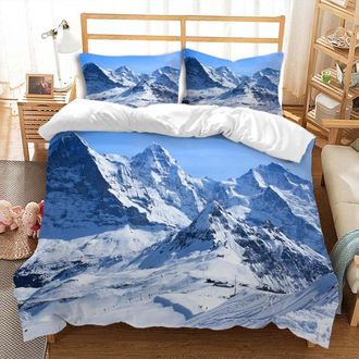 Generic Bettw&auml;sche 155x220 Verschneiter Berg Weiche Kuschelig Mikrofaser Naturlandschaft Bettw&auml;sche-Sets 3D Bettbezug mit Rei&szlig;verschluss + 2 Kissenbez&uuml;ge 80 x