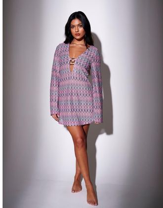 South Beach Robe caftan courte au crochet &agrave; chevrons avec anneau - Multicolore