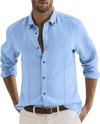 Generic Chemises &agrave; manches longues en lin pour homme - Chemise de plage blanche - Chemises de plage hautes en coton - D&eacute;contract&eacute;es - Col rond - T-shirt &eacute;pais