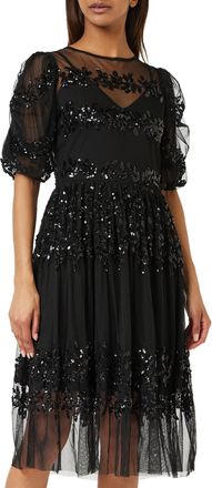 Maya Damen Robe De Soirée Mi-Longue Ornée De Paillettes, Manches Courtes Invitée De Mariage Demoiselle Dhonneur Robe De Cocktail Anzug, Noir