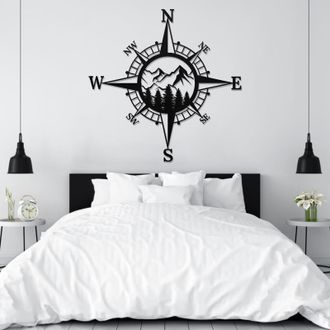 Generic Schwarzes Kompass-Berg-Wandbild aus Metall, maritimes Waldmotiv aus Metall f&uuml;r drinnen und drau&szlig;en, Moderne Skulptur mit Kompass-Bergmotiv f&uuml;r Wohnzim
