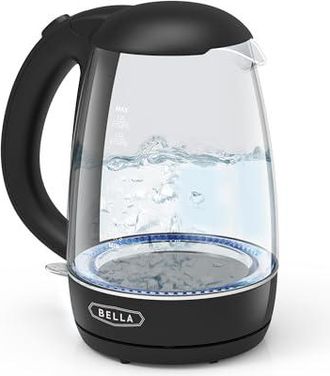 Bella Elektrischer Wasserkocher, 1,7 l - Mobiler, schnurloser LED-Farbwechsel-Teekessel aus Klarglas mit Abschaltautomatik und Trockengehschutz, schwarz
