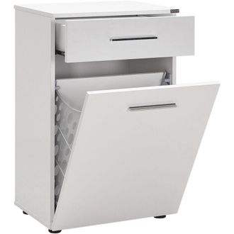 Les Tendances Les Tendances - Meuble bas blanc avec panier &agrave; linge - Dimensions L 52 x H 187 x P 38 cm - Bois m&eacute;lamin&eacute; - Pieds et poign&eacute;es en m&eacute;tal chrom&eacute;