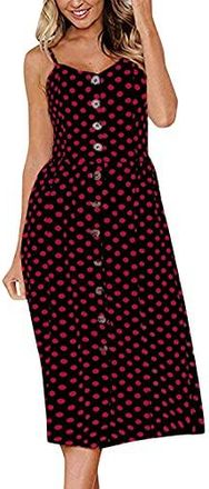 Generic Robe amincissante boh&egrave;me pour femme, robe d&eacute;t&eacute; d&eacute;contract&eacute;e &agrave; col rond, sans manches, coupe midi, rouge past&egrave;que, M