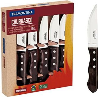 Tramontina JUMBO 6 Steakmesser, Wellenschliff, rostfreier Edelstahl, scharf, spülmaschinenfest, FSC-zertifizierte Holzgriffe, ergonomisch, 6-teiliges Set, Messer