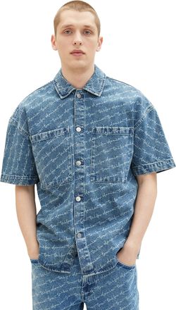 Tom Tailor Herren 1036274 Kurzarm-Jeanshemd mit Schriftzug, 31888-Wording Laser Print, M