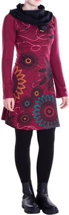 vishes Alternative Bekleidung - Damen Mandala-Kleid Schal-Kragen Langarm-Shirtkleid Baumwollkleid dunkelrot 36