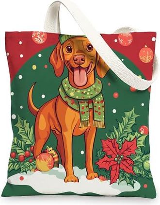 Generic Christmas Vizsla Sac fourre-tout en toile r&eacute;utilisable pour le shopping 33 x 38 cm, sac d&eacute;picerie r&eacute;utilisable pour femme, motif Nouvel An, d&eacute;coration