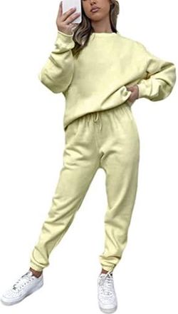 Onsoyours Survêtement Femme Ensemble de Sport 2 Pièce Sweatshirt + Pantalon avec Poches Casual Pyjama dintérieur Tenue pour Jogging Yoga Sportswear A Abricot S