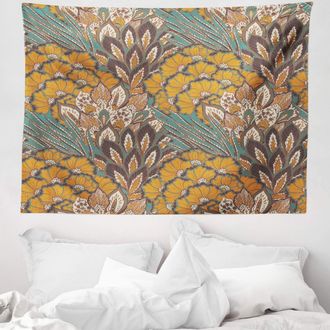 Abakuhaus Blumen Wandteppich, Blumen und Peacock aus Weiches Mikrofaser Stoff Waschbar ohne Verblassen Digitaldruck, 150 x 110 cm, Petrolblau Blasser Kaffee