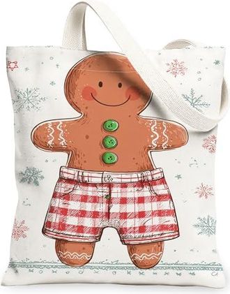 Generic Sacs fourre-tout en toile motif bonhomme de pain d&eacute;pices, sacs d&eacute;picerie r&eacute;utilisables, l&eacute;gers et lavables avec bandouli&egrave;re en toile F, blanc, 13x15 I