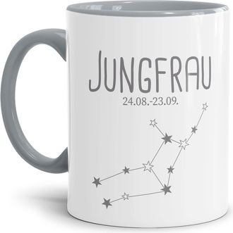 Tassendruck Tasse mit Sternzeichen Jungfrau - Sternbild Kaffeetasse mit Spruch - Geschenk zum Geburtstag, Horoskop, Astronomie - Keramik Innen & Henkel Grau, 300 