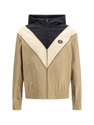 Valentino Mens Hooded Windbreaker Jacket Black-Cream-Camel Polyester Black/cream/camel