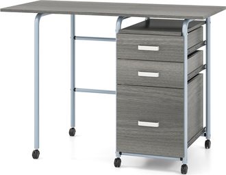 Giantex Faltbarer Schreibtisch mit Rollen, Computertisch mit 3 Schubladen, 105 x 50 x 74 cm, f&uuml;r Home-Office, Wohnzimmer, Schlafzimmer (Grau)