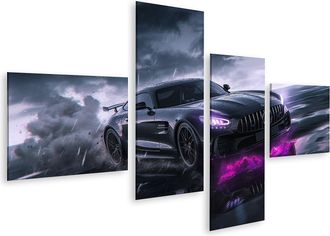 Islandburner Bild auf Leinwand Mercedes im Gewitter mit lila Neonlicht für Wohnzimmer Auto-Enthusiasten Autohaus Bilder Wandbilder Poster