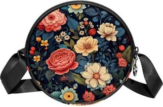 Generic Petit sac &agrave; bandouli&egrave;re circulaire pour femme, motif feuilles florales, sac &agrave; dos avec fermeture &eacute;clair, bretelles r&eacute;glables, sac &agrave; main rond d&eacute;contra