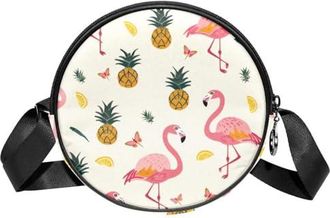 Generic Petit sac &agrave; bandouli&egrave;re rond pour femme, motif flamants roses, ananas avec fermeture &eacute;clair, bretelles r&eacute;glables, sac &agrave; main rond d&eacute;contract&eacute; pour fem