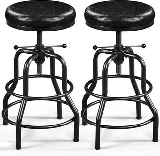 Yaheetech Lot de 2 Tabouret de Bar Industriel en Similicuir Tabouret Haut Rond Réglable en Hauteur avec Deux Repose-Pieds Chaise de Cuisine avec Cadre en Métal 